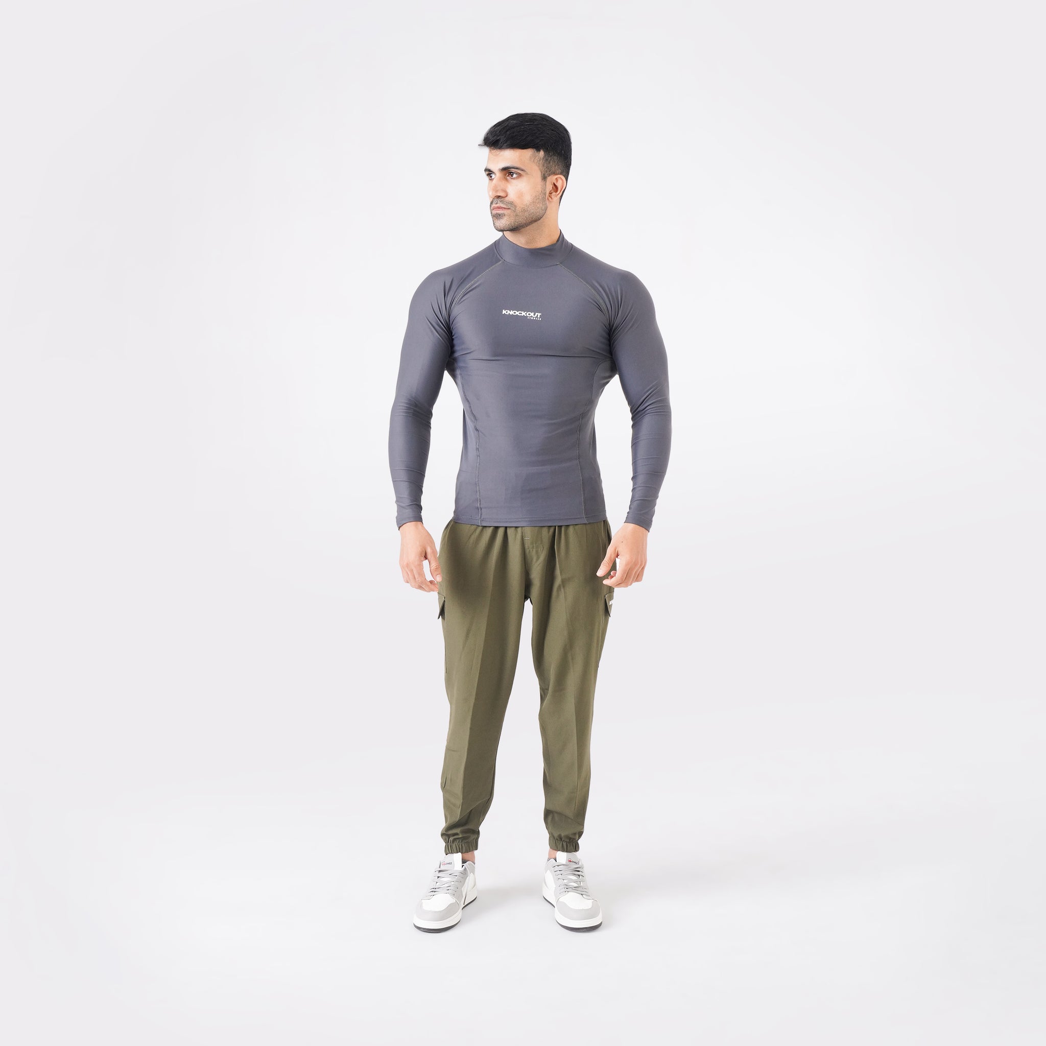 Gray High Neck Compression Long Sleeve - Knockout Gymwear