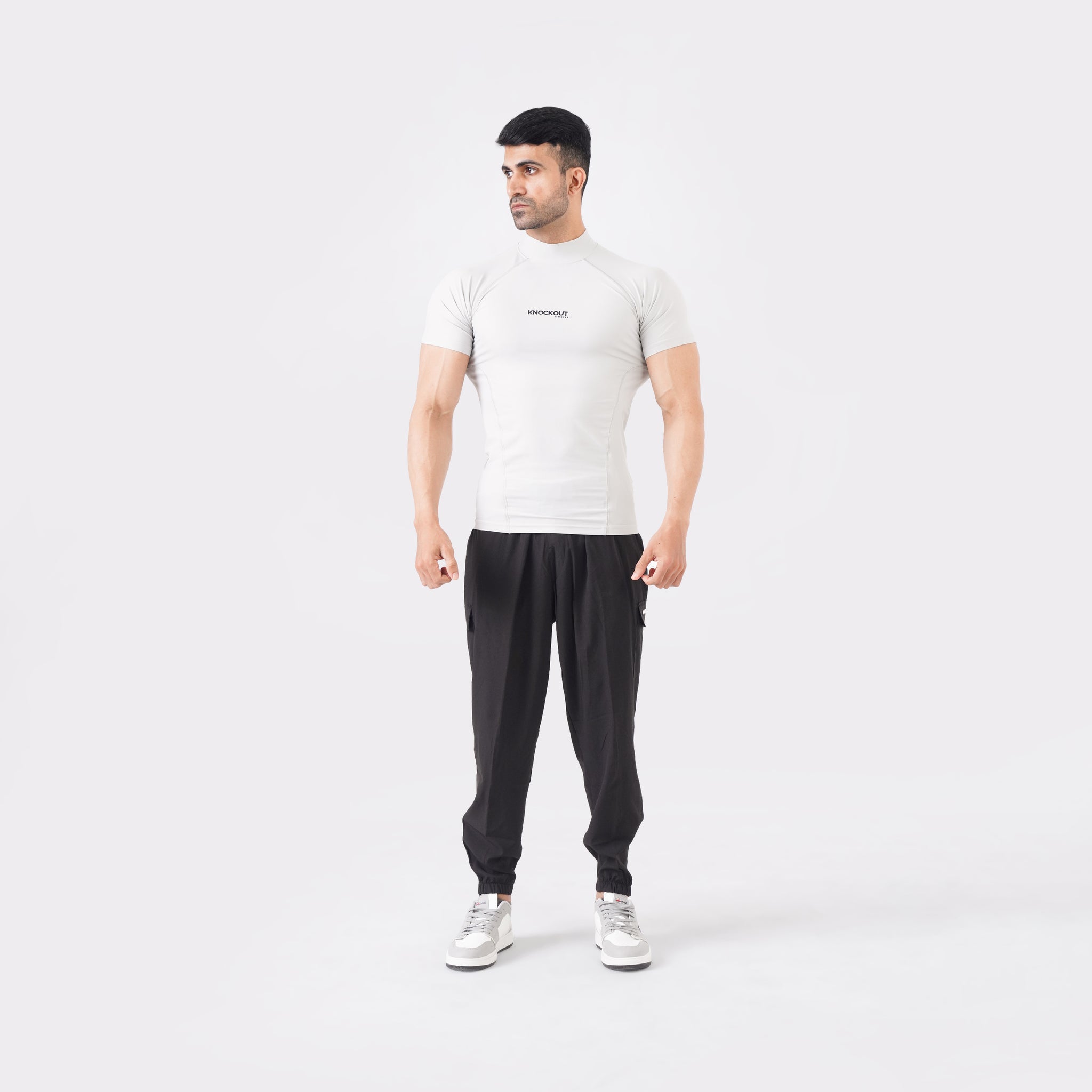 High Neck Compression T-Shirt Light Stone - Knockout Gymwear