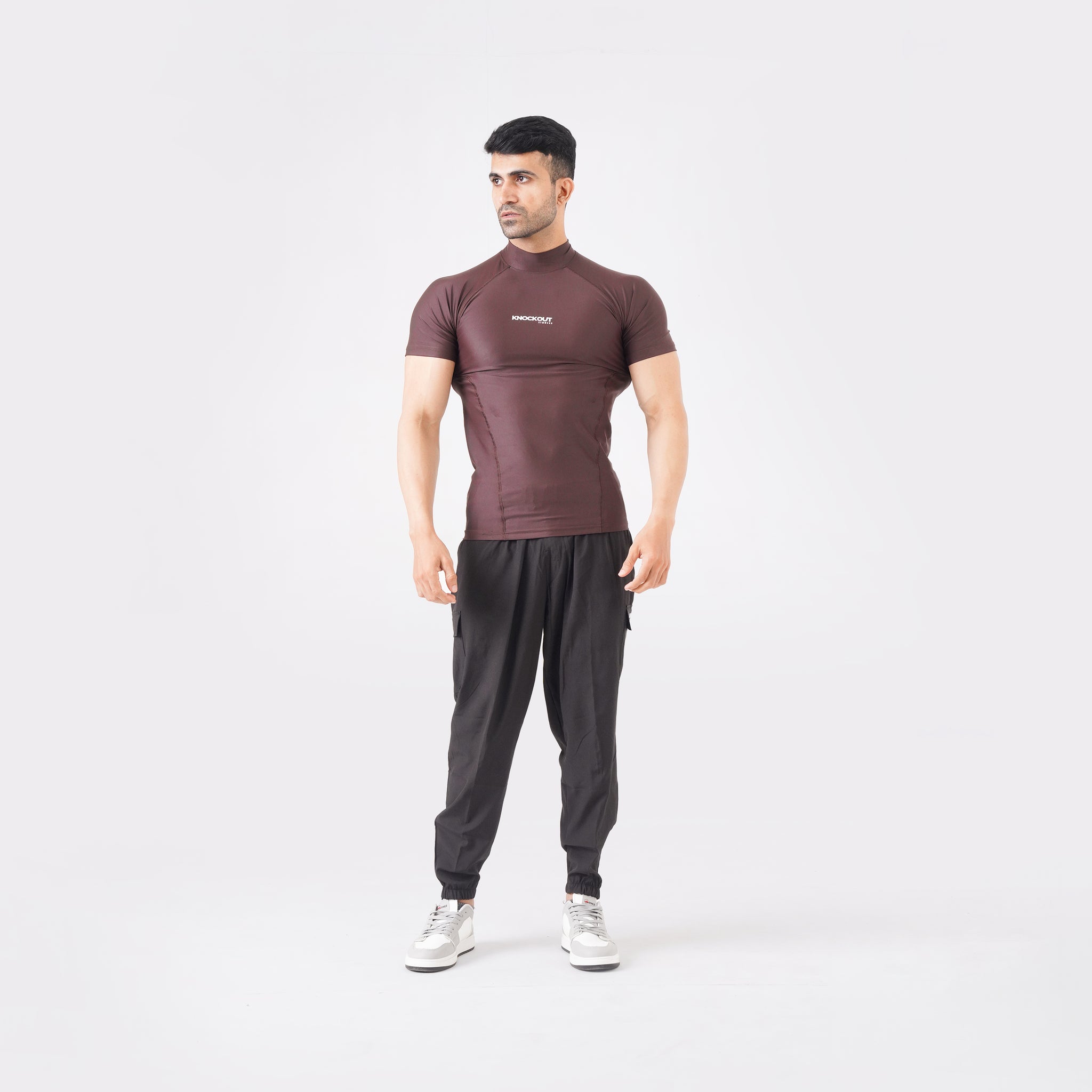 High Neck Compression T-Shirt Chocolate - Knockout Gymwear